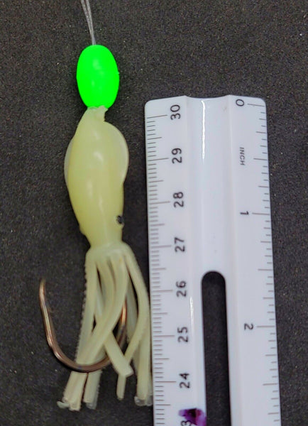 Hi-Lo 30 lb Fishing Rig Double Hook Bait 2.5" GLOW Squid Teasers Fluke ...